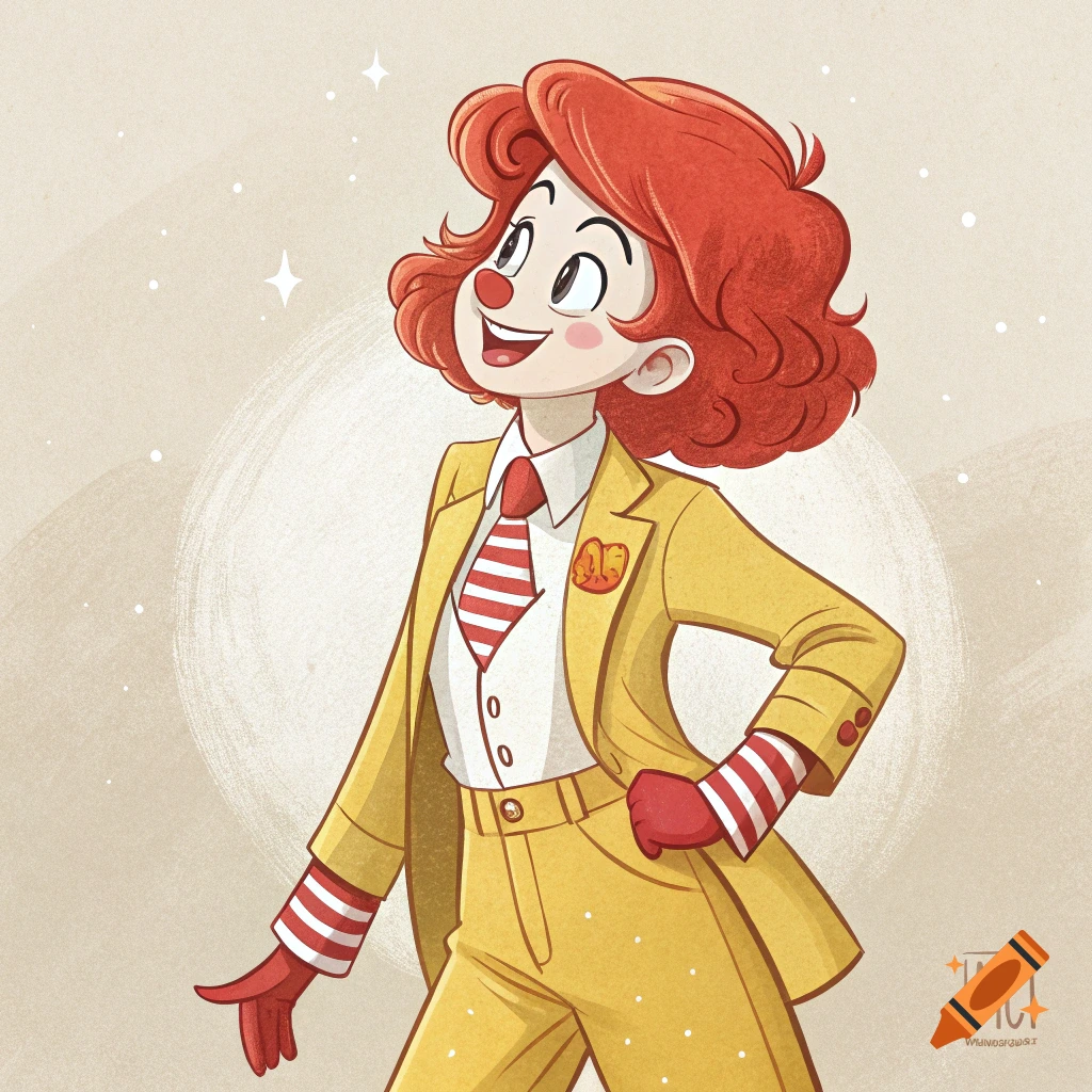 Cartoon of a young woman dressed as Ronald McDonald in a yellow suit ...