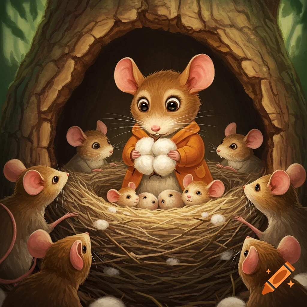 A large mouse holds white fluff surrounded by smaller mice in a nest ...