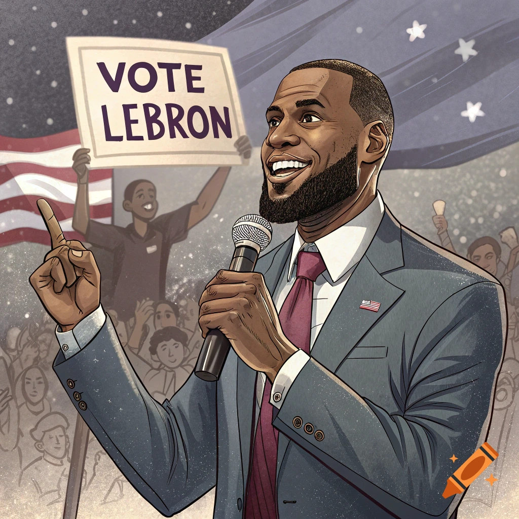 Illustration of LeBron James speaking at a political rally with a 'Vote ...
