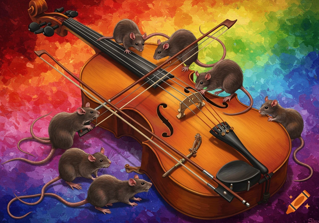 String instrument with rats, bows, and rainbows. on Craiyon