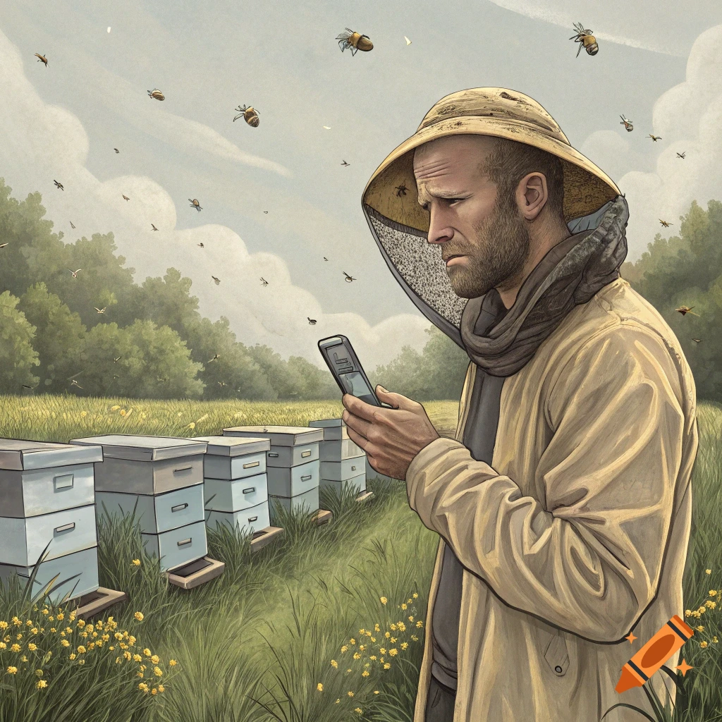 An illustration of a man in overalls and a straw hat in a field ...