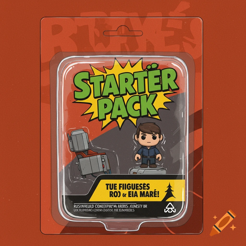 Starter Pack stylized 3D cartoon figurine in packaging on Craiyon