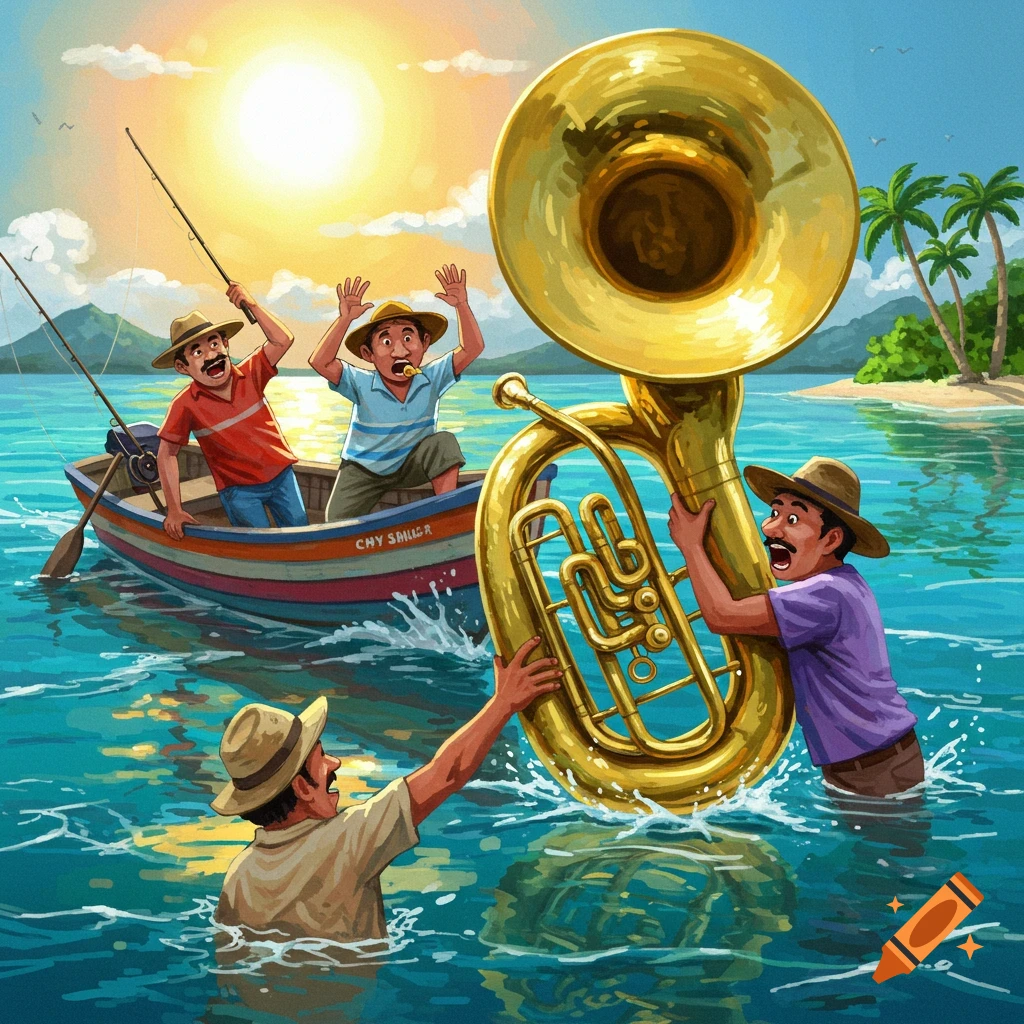 Cartoon fishermen catch a tuba from a boat in the ocean near a tropical ...