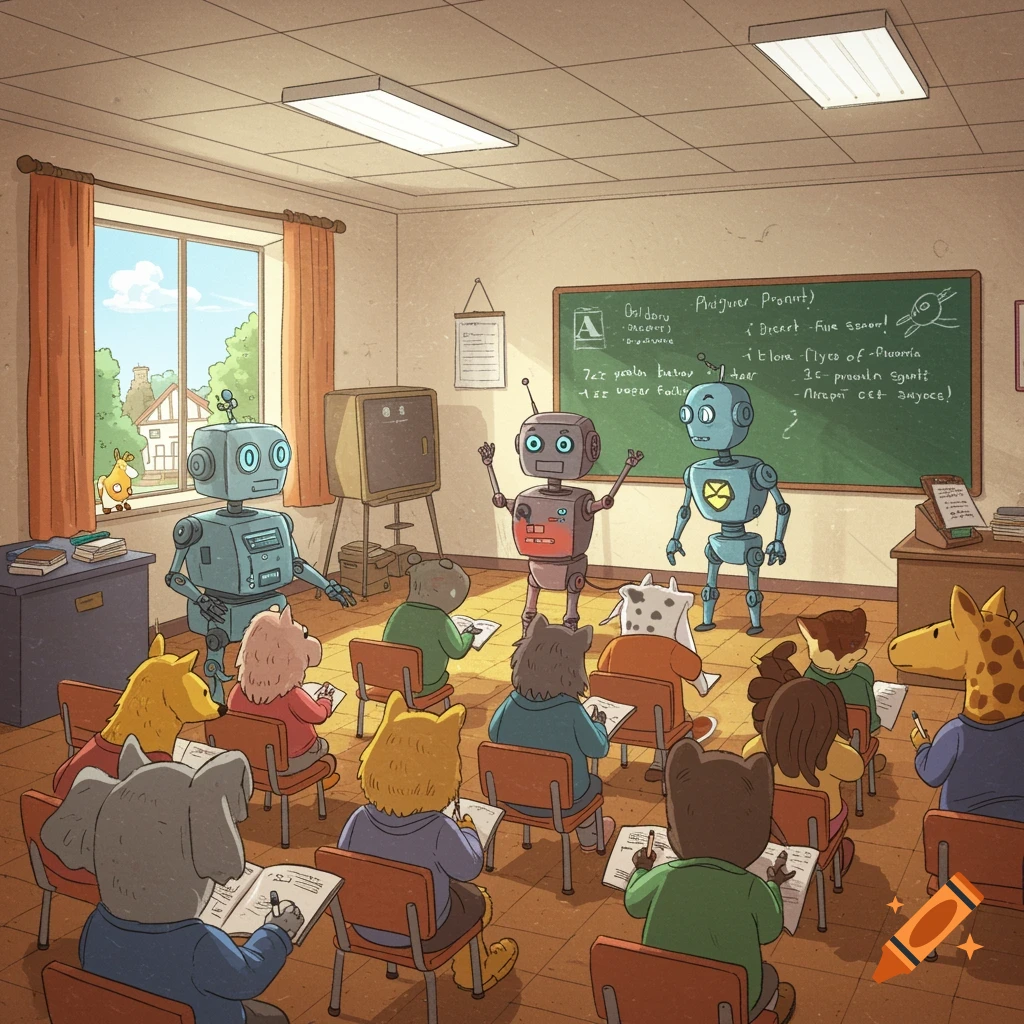 Cartoon of animals in school taught by robots on Craiyon