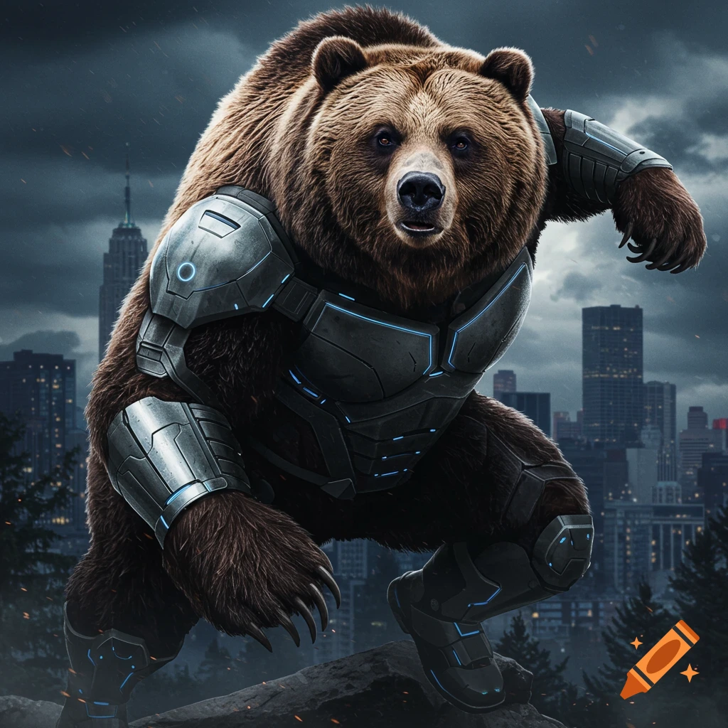 A bear in superhero armor stands in front of a city skyline on Craiyon