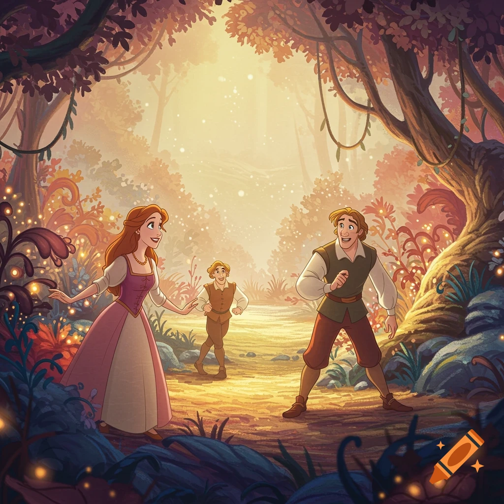 A family runs through a vibrant, magical forest in an animated style ...