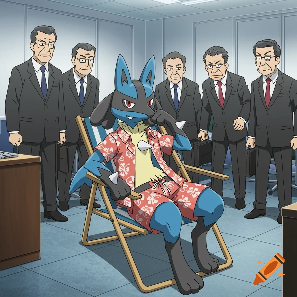 Anime Lucario in Hawaiian shirt on beach chair in office with angry ...