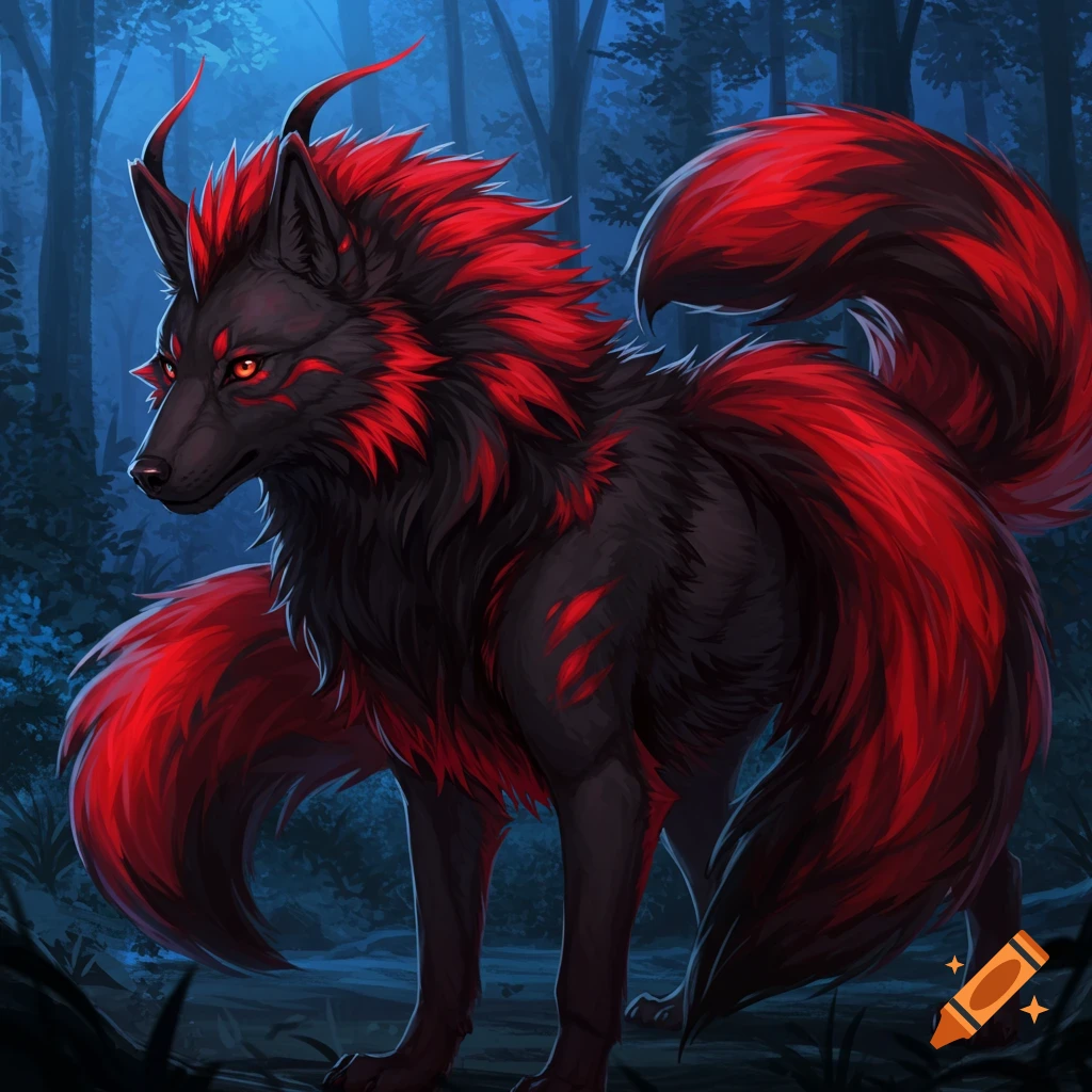 A stylized red wolf character with green eyes and yellow markings in a ...