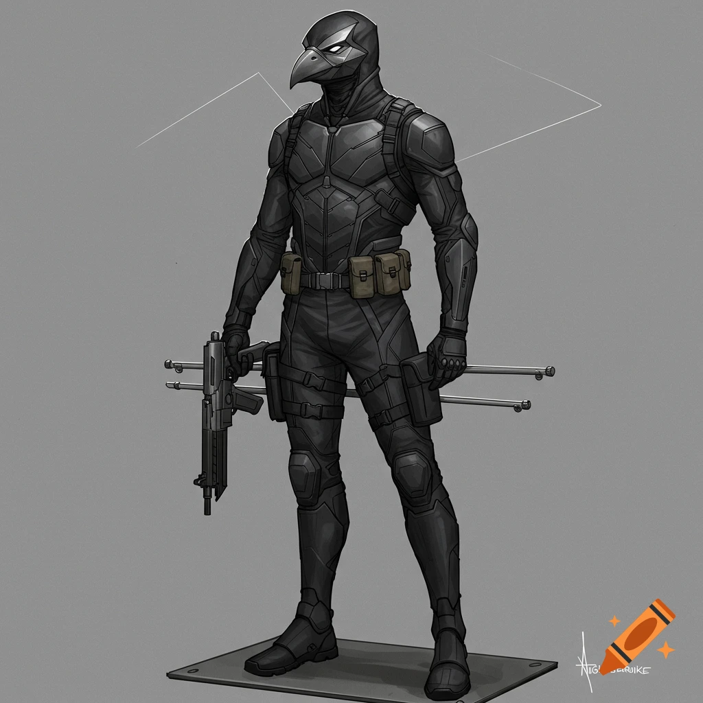 Nightshrike superhero suit on a display rack, detailed tactical design ...