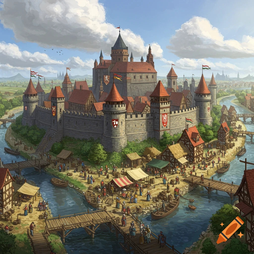 A detailed depiction of a large medieval castle on a river island with ...