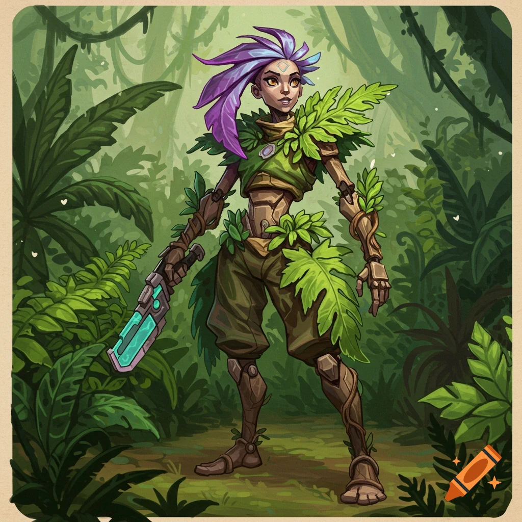 Stylized illustration of a plant-like character with purple hair and ...