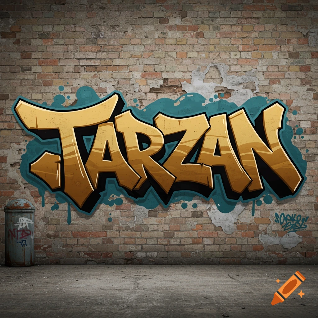 Graffiti of the word 'Tarzan' on a brick wall in an urban setting. on ...
