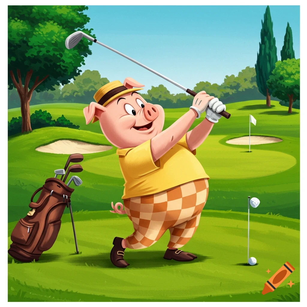 A cartoon pig in a hat and checkered pants plays golf on a green course ...