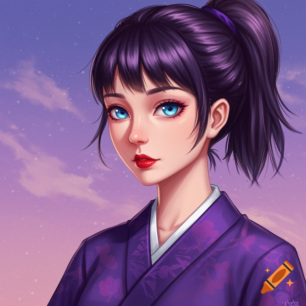 Anime teenage girl in purple kimono, 1900s Japanese style on Craiyon