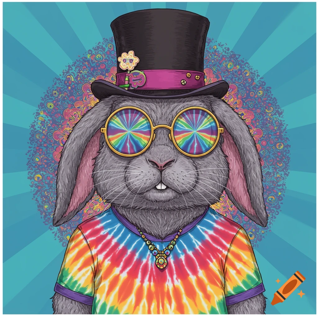 Surreal psychedelic illustration of a rabbit wearing a top hat and tie ...