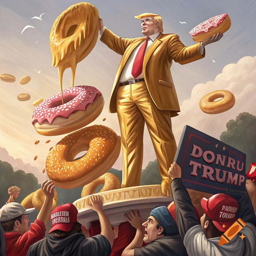 Golden Trump statue being showered with glazed donuts by supporters on ...
