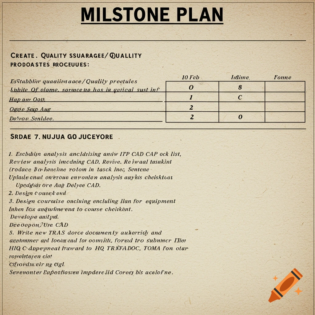 Milestone plan showing tasks from February to October on Craiyon