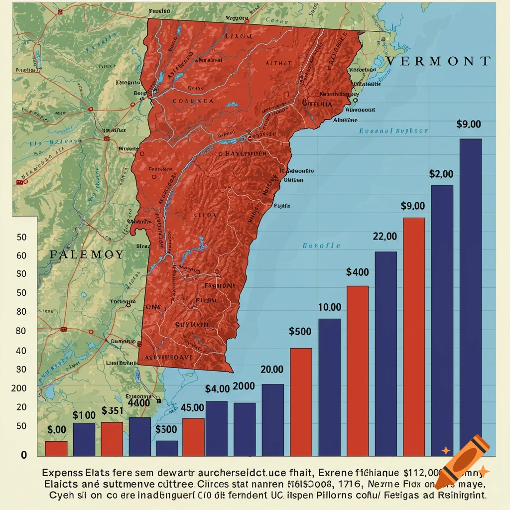 Map of Vermont with bar graph showing expenses vs revenue on Craiyon