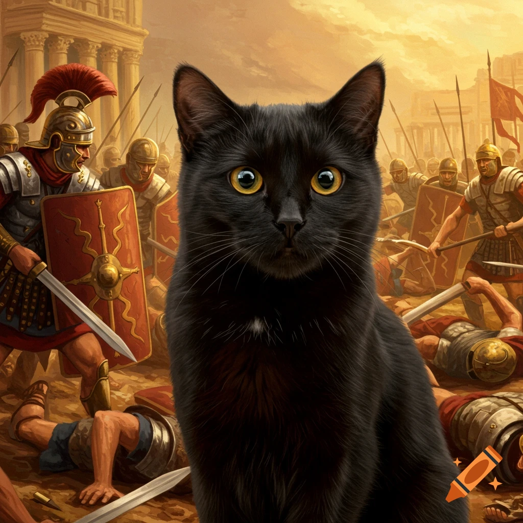A black cat sits large in the foreground of a Roman battle scene ...