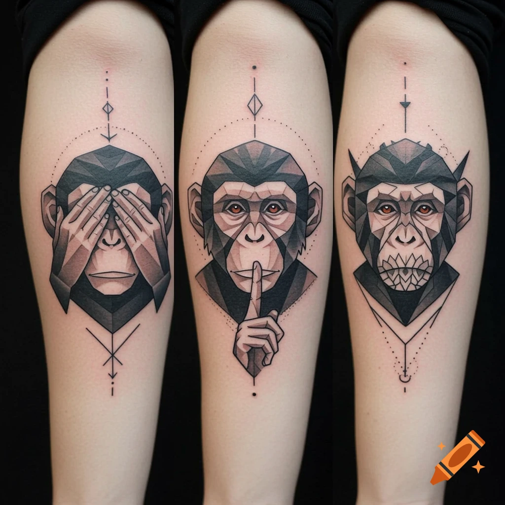 Three wise monkeys tattoo in geometric art style on Craiyon