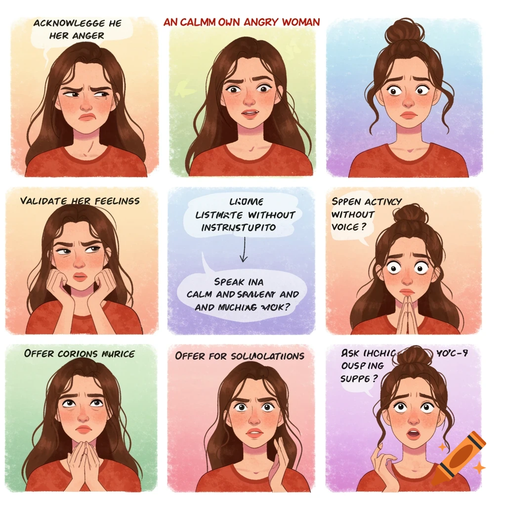 Step-by-step guide on calming an angry woman with words on Craiyon