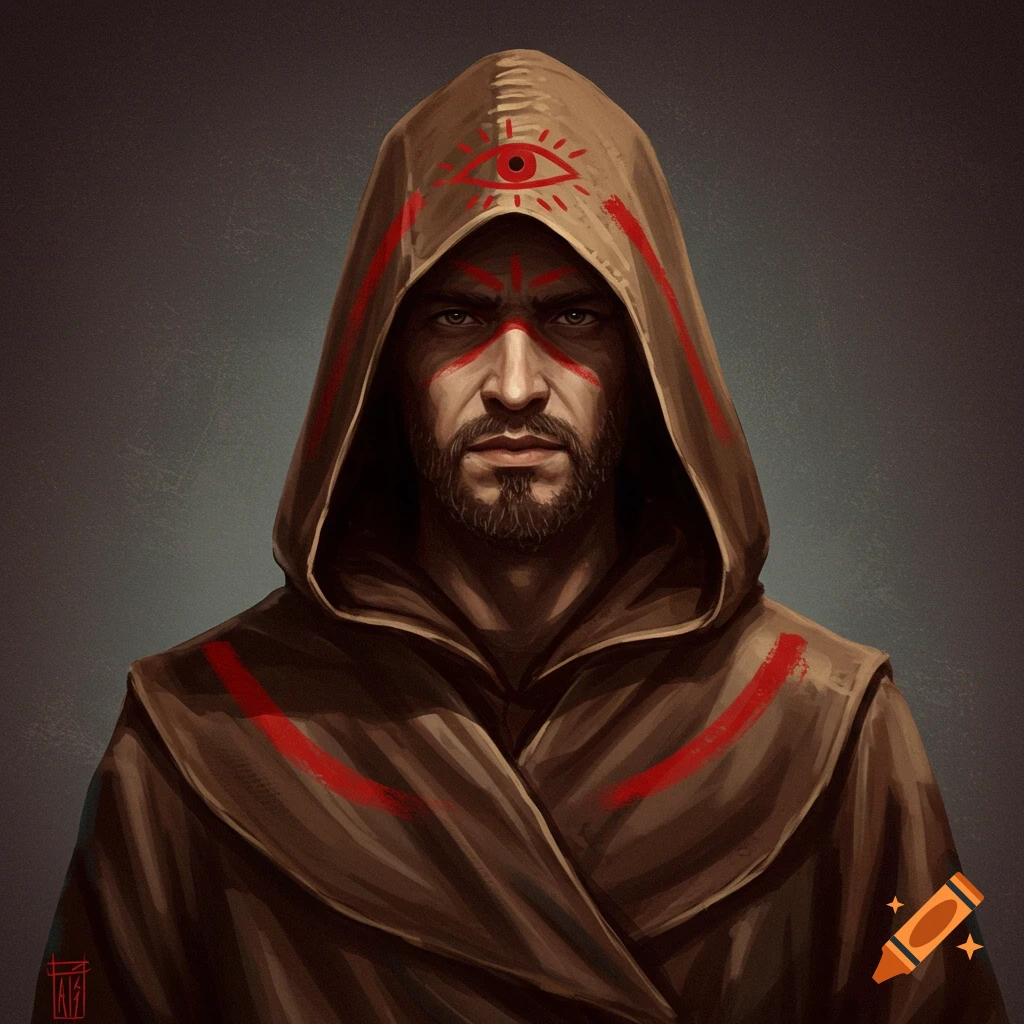 Man in brown hooded robe with red eye symbol on Craiyon