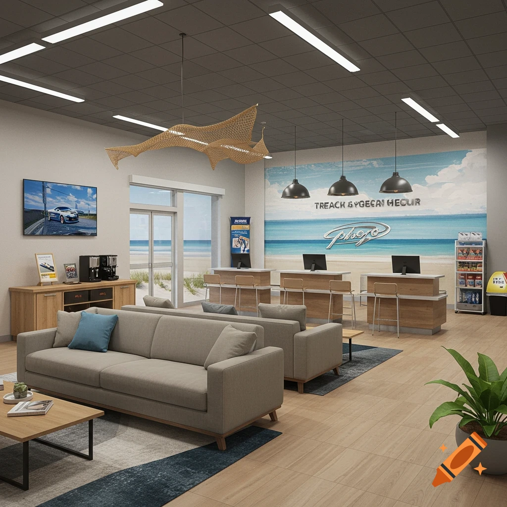 Modern auto repair business lobby with beach theme. on Craiyon