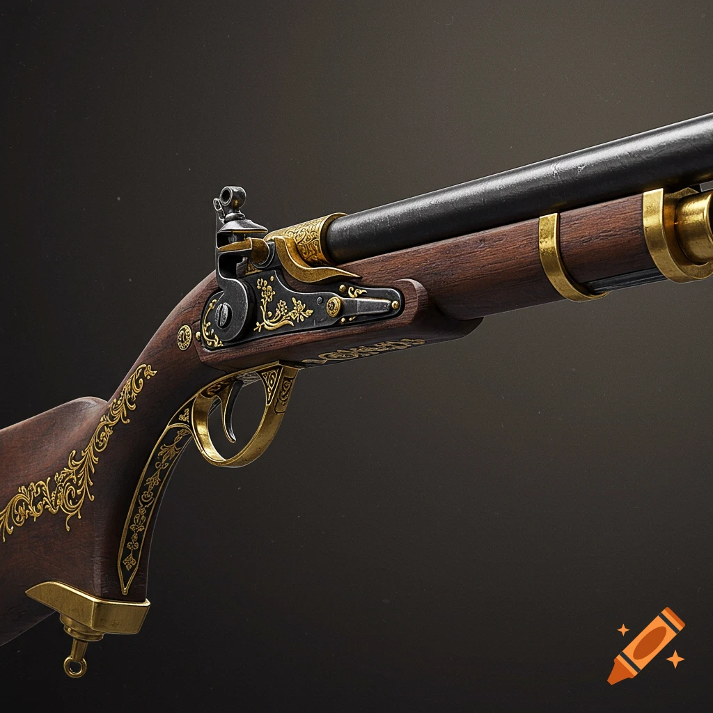Close-up of a detailed black musket with gold ornate decorations. on ...