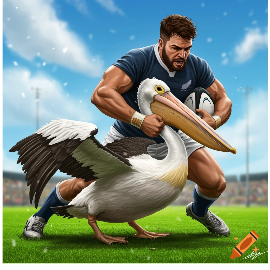 Image of a muscular rugby player grappling with a large pelican on a ...