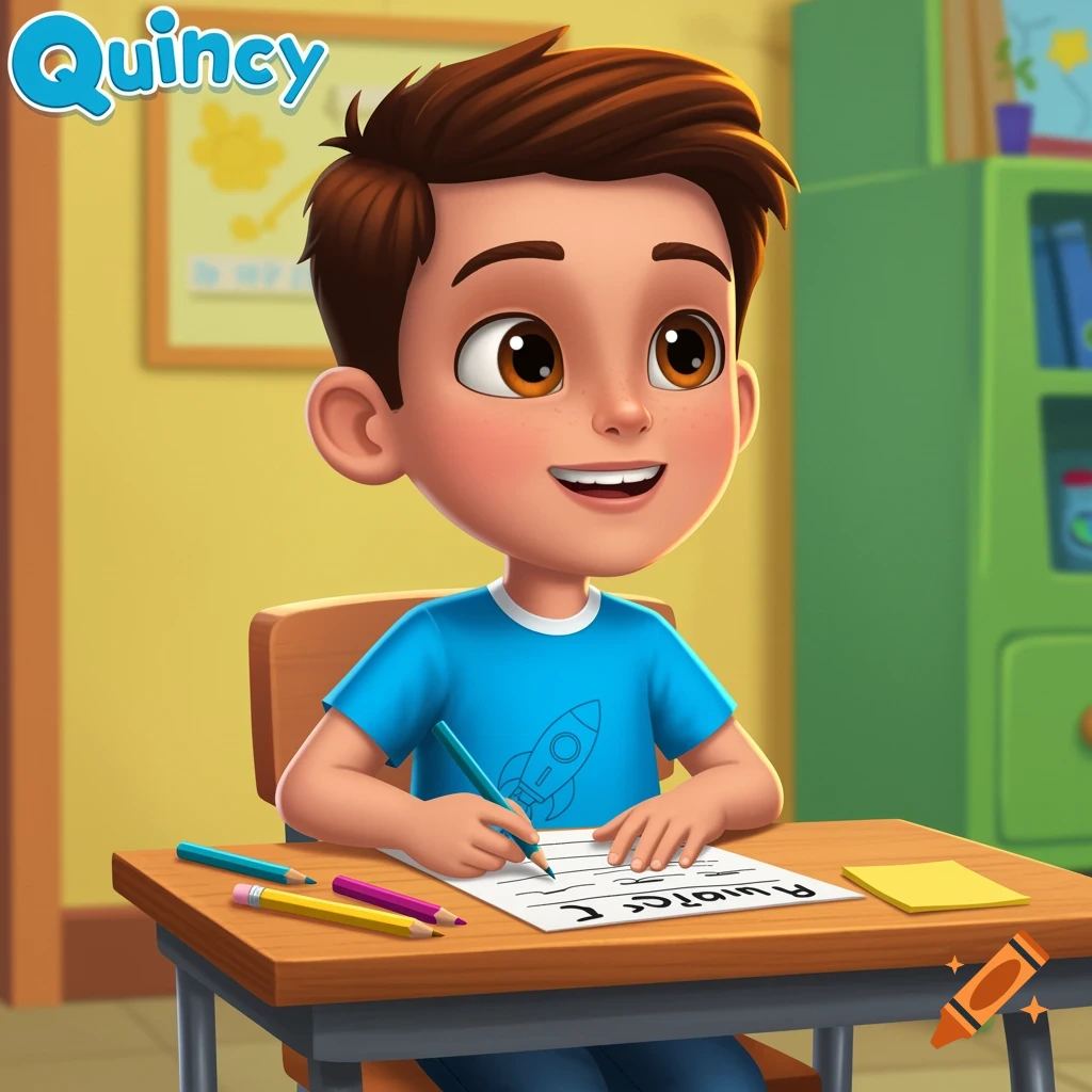 Cartoon style image of a boy named Quincy ready to take a quiz on Craiyon