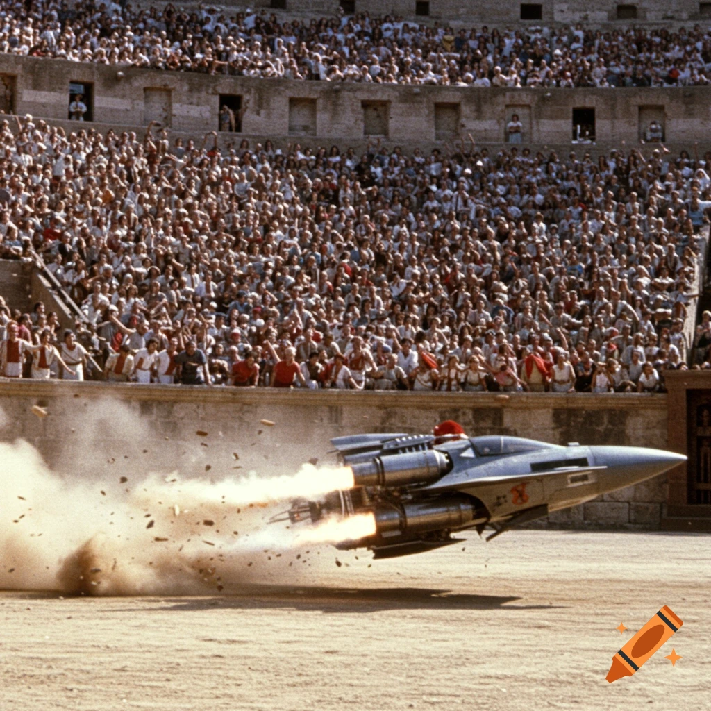 1984 movie scene, colosseum crowd booing rocket-powered chariot on Craiyon