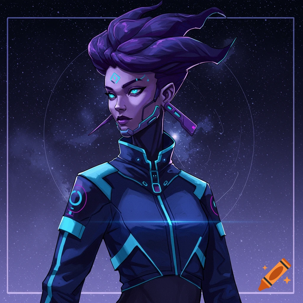 Digital painting of a woman in a futuristic purple suit and headphones ...