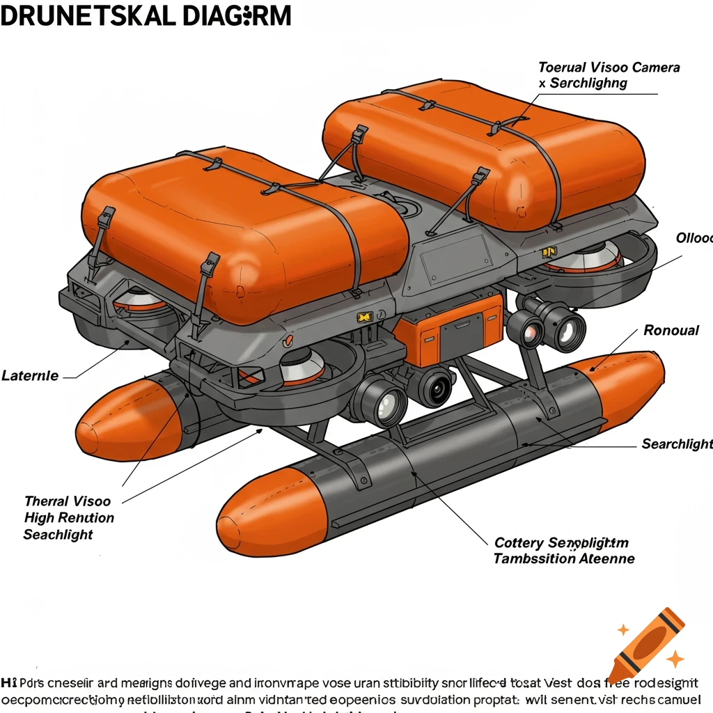 Diagram of a drone with flotation devices, thermal, night vision, high ...