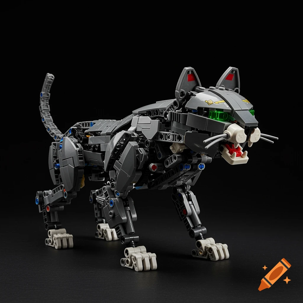 A detailed LEGO Technic model of a gray cat standing against a black ...
