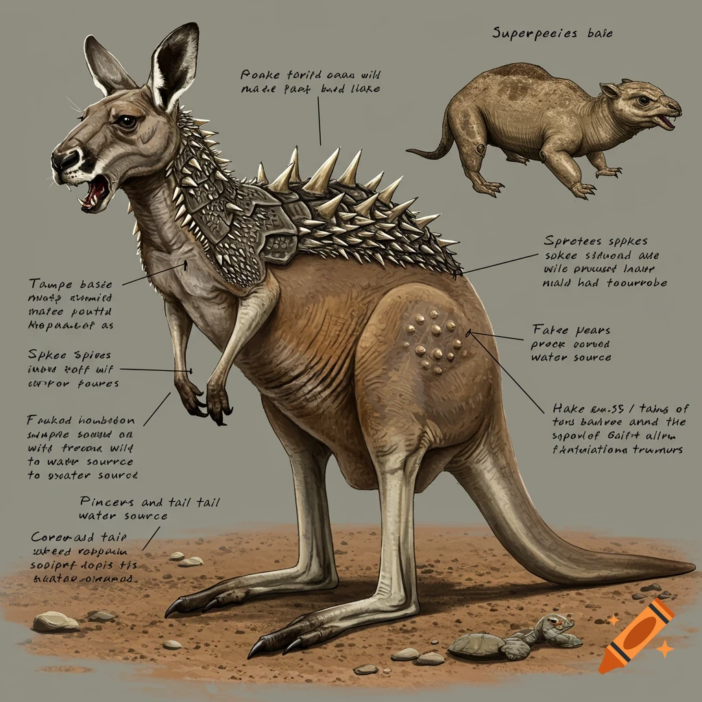 Conceptual animal combining kangaroo, hedgehog, camel, Inland Taipan ...