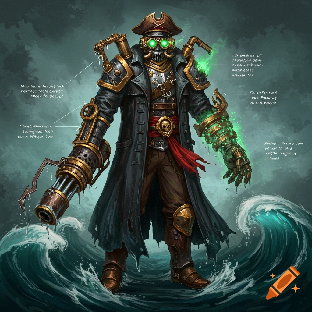 Pirate figure in black and red armor with tech, diving mask, and ...