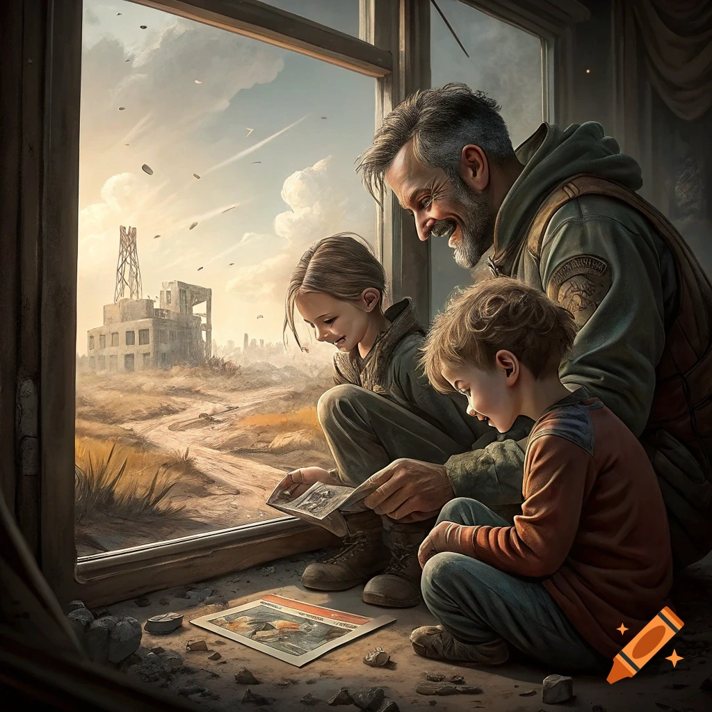 Father and two children playing in a post-apocalyptic world on Craiyon