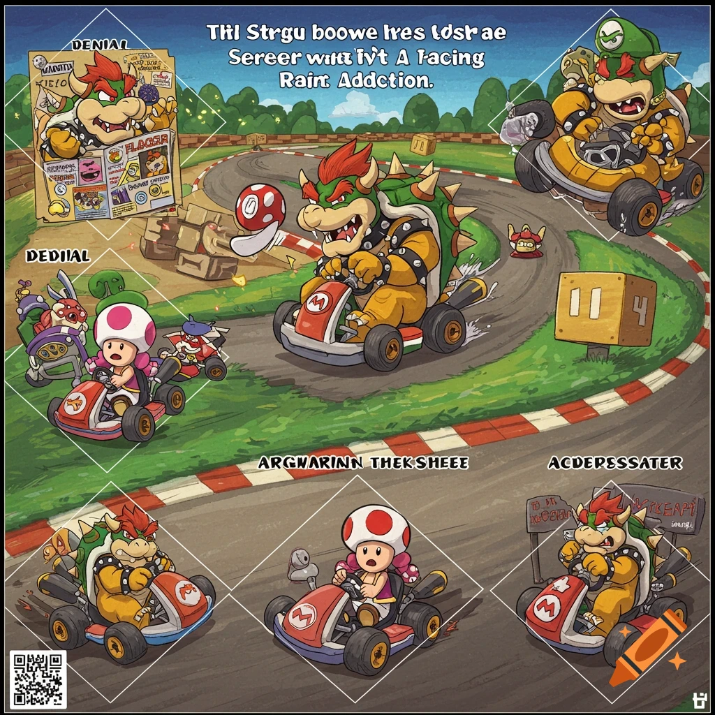 Board game concept about Bowser overcoming a kart addiction on Craiyon