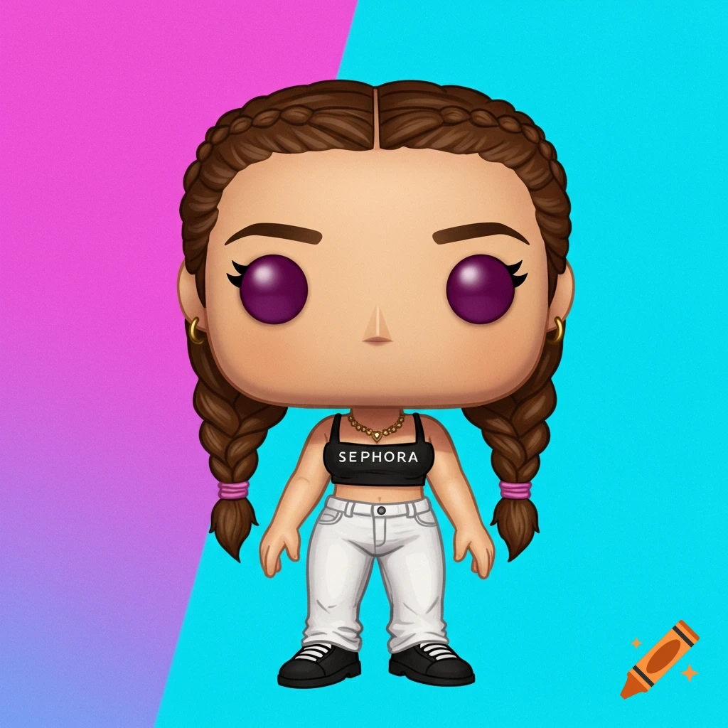 Funko Pop figure with pink eyes, French braids, and white jeans on Craiyon