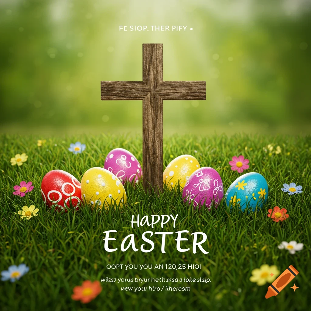 Easter card with painted eggs, cross and "Feliz Páscoa Vó Rita ...