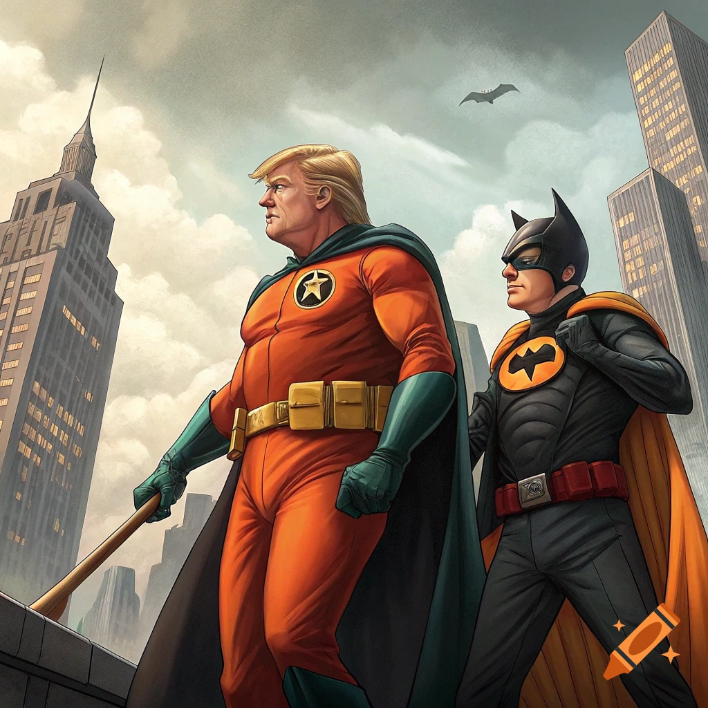 Donald Trump in orange Batman suit with JD Vance as Robin on Craiyon