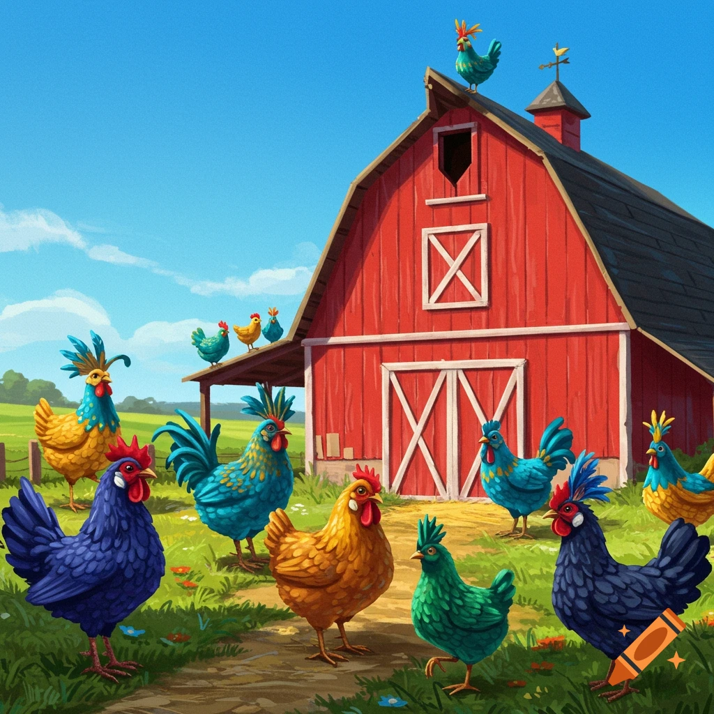Red barn with Asian Alice in Wonderland chickens under a blue sky on ...