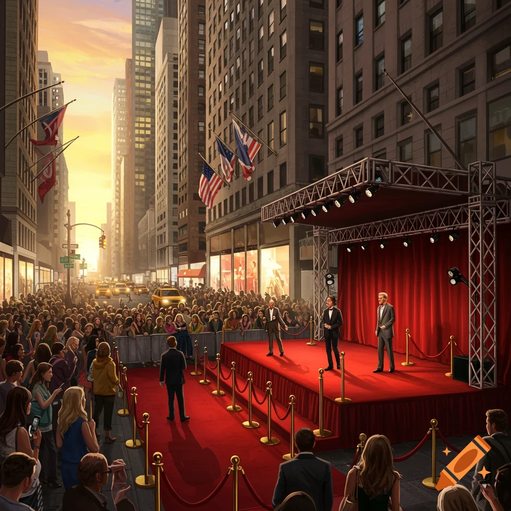 A red carpet and stage are set up on a city street with a crowd and ...