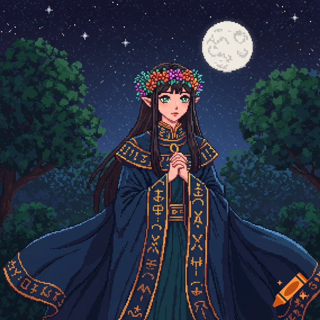 Pixel art of an elven priestess in a blue robe with gold trim, praying ...