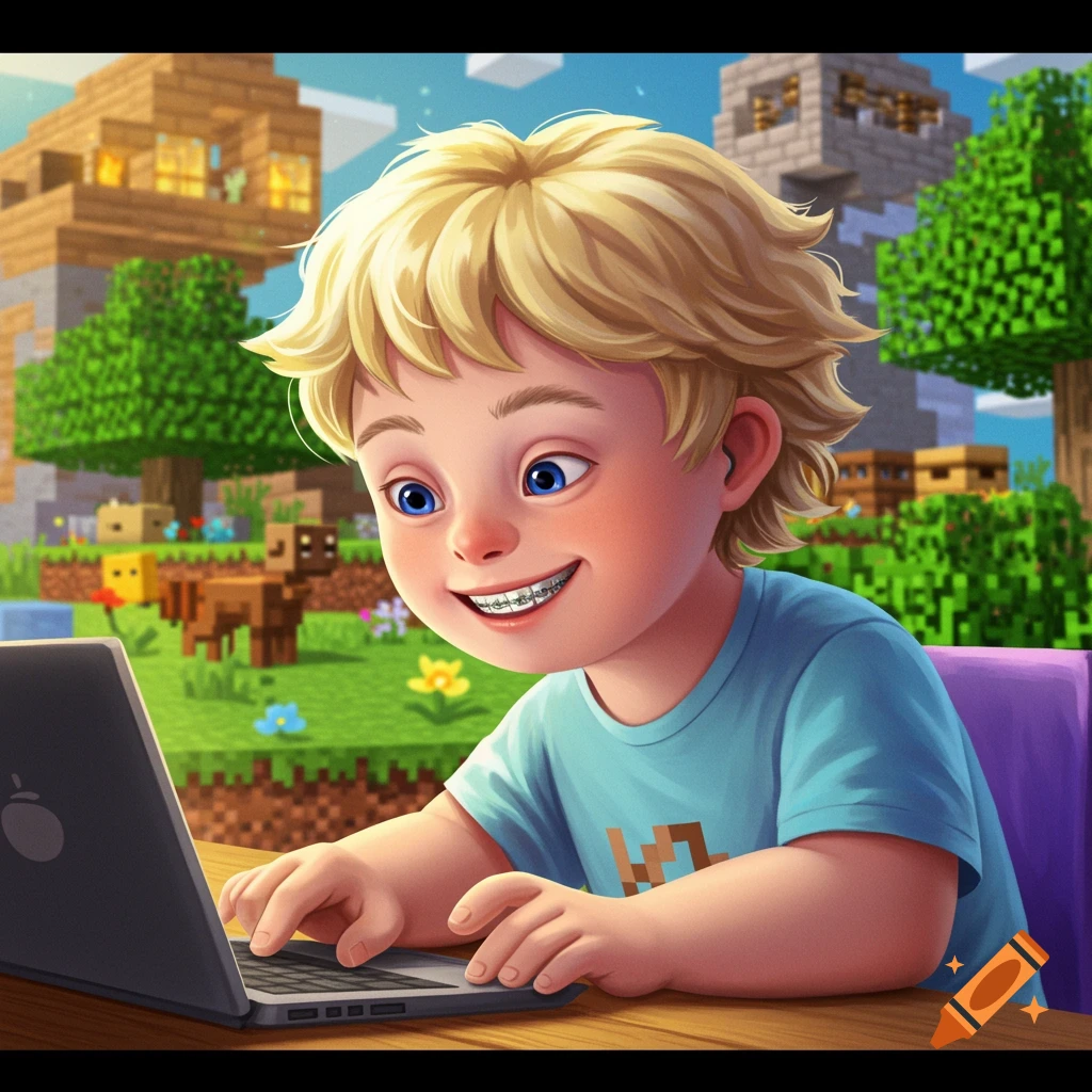 13 year old with Down syndrome playing Minecraft. Blond hair, silver ...