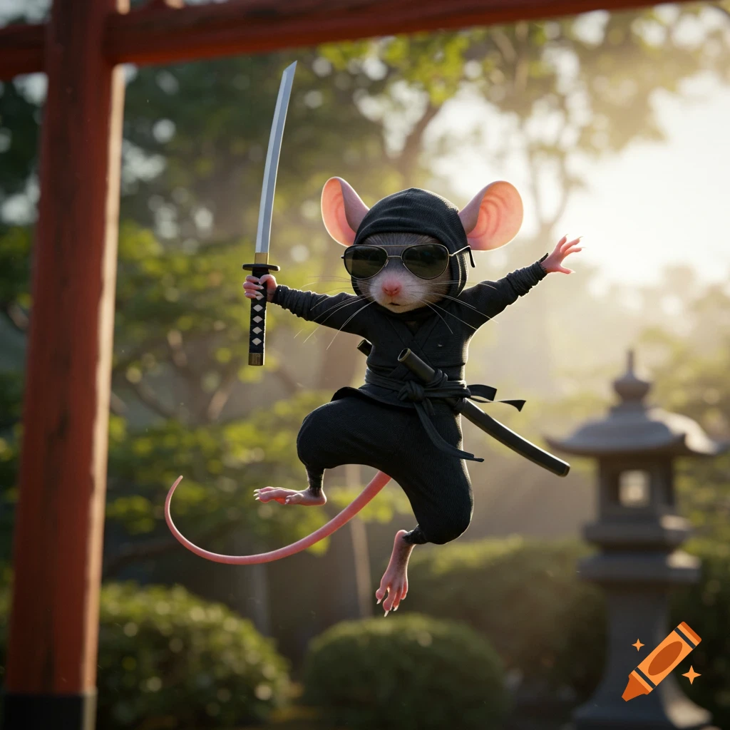 A realistic mouse dressed as a ninja jumps in a Japanese garden ...