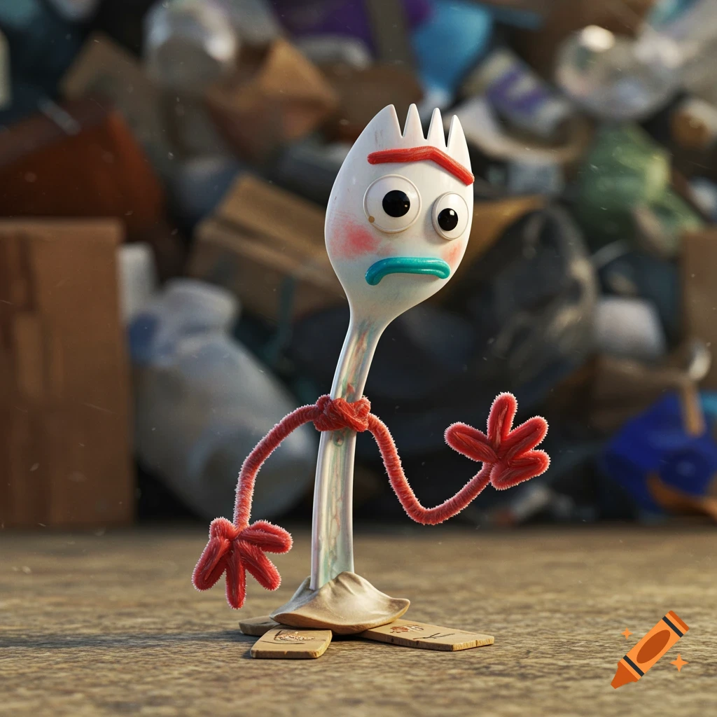 Forky, Pixar character made of realistic trash on Craiyon