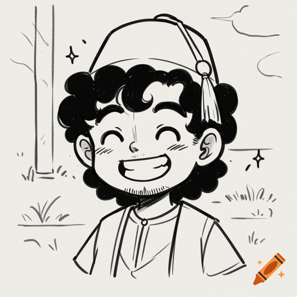 Dragon Quest style pencil sketch of a smiling Middle Eastern man with ...