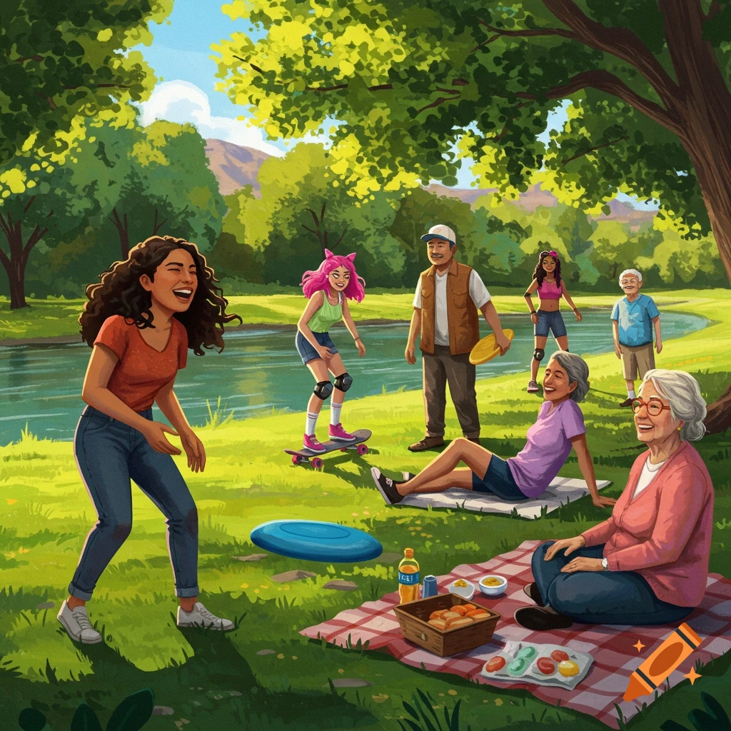 A group of people having a picnic and playing in a park by a river. on ...