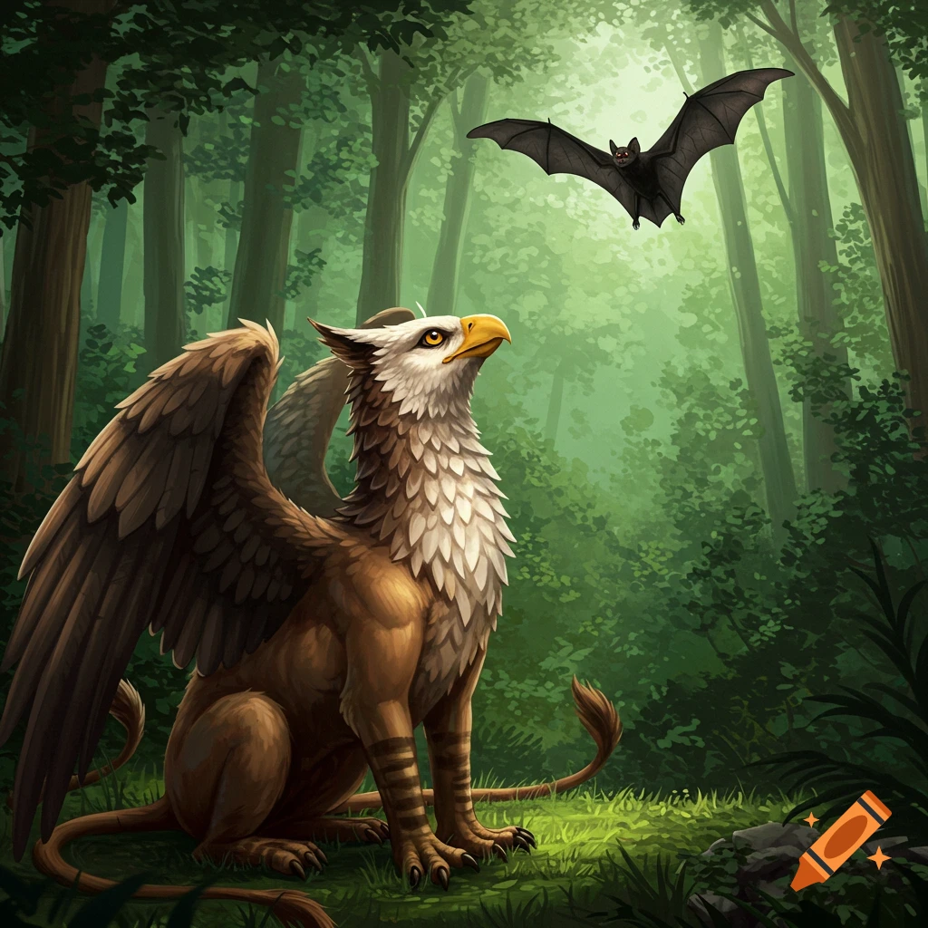 Griffin looking up at flying bat on Craiyon